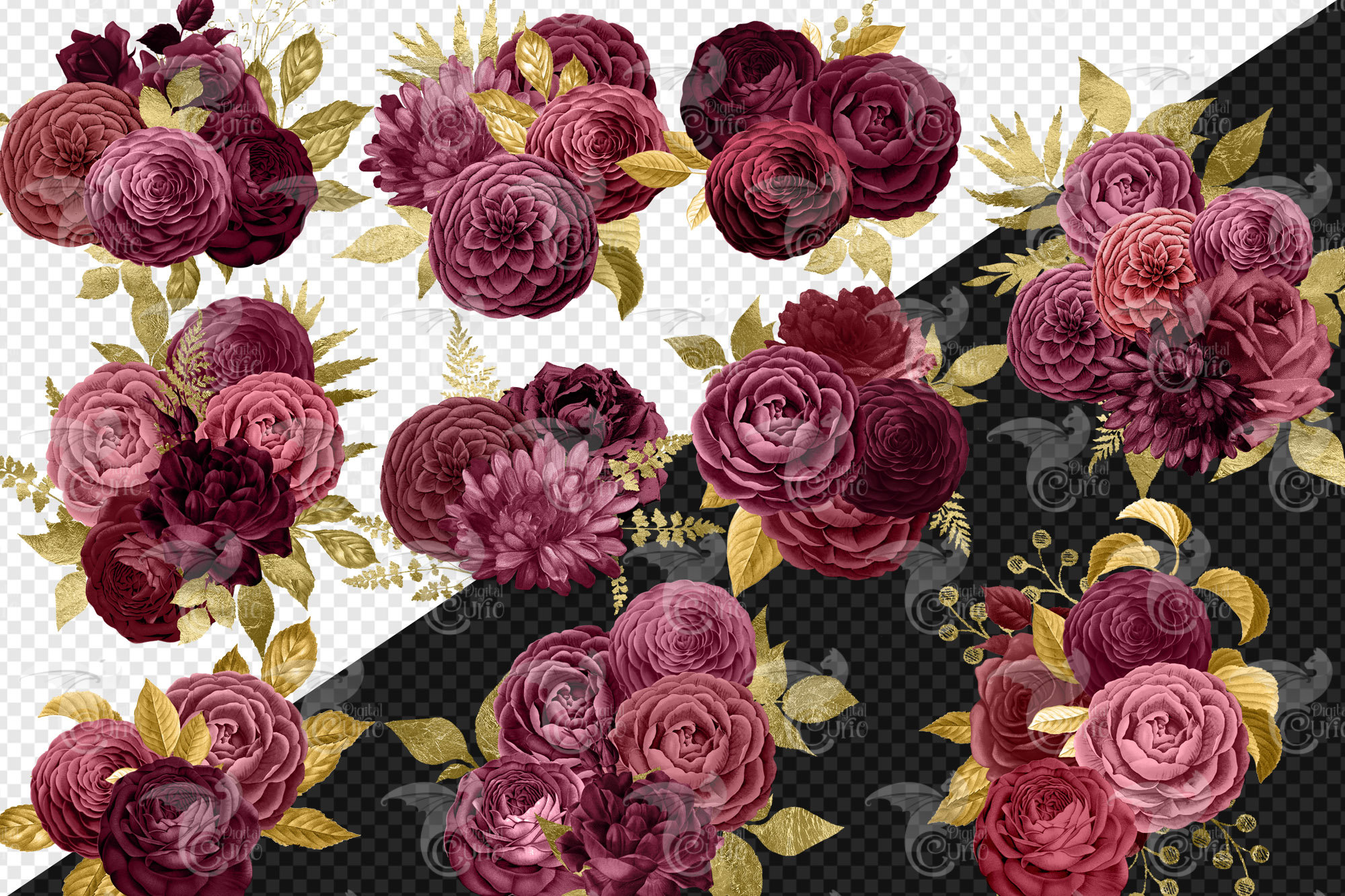 Burgundy and Gold Floral Bouquets Clipart, Wine Red Flowers (digital ...