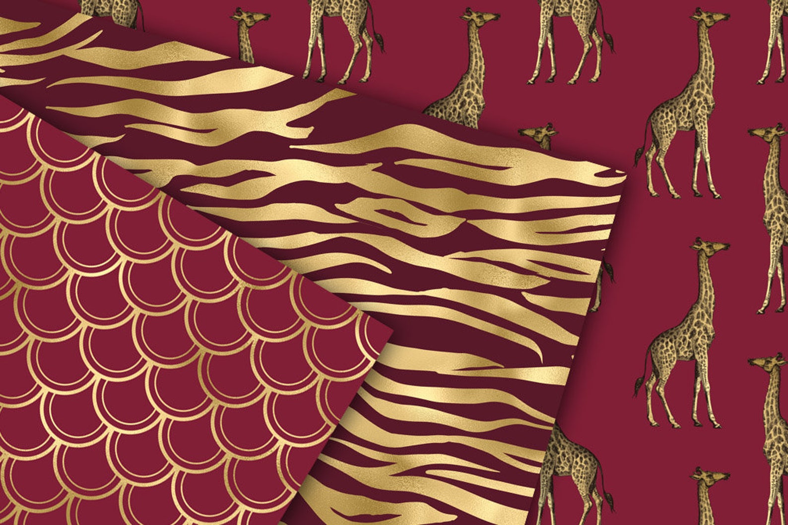 Burgundy and Gold Animal Skins Digital Paper Red Seamless - Etsy