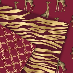 Burgundy and Gold Animal Skins Digital Paper, Red Seamless African ...