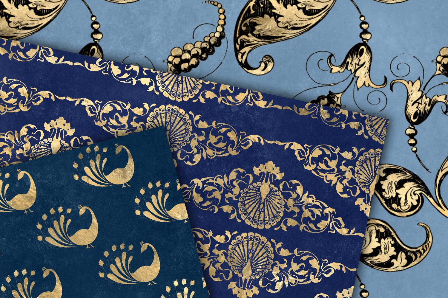 Blue and Gold Peacock Digital Paper, Seamless Patterns (digital ...