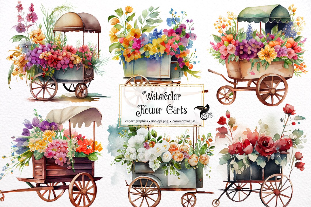 Watercolor Flower Carts Clipart - Florist PNG Format Instant Download ...
