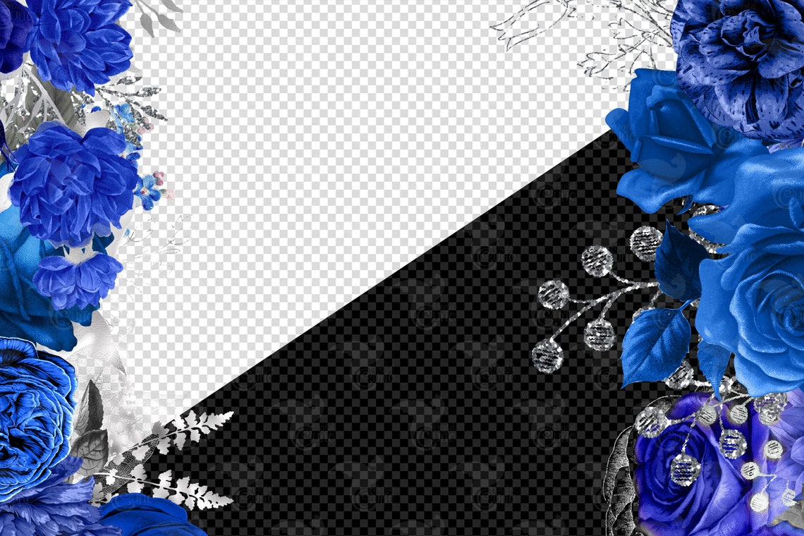 Royal Blue Floral Overlays, Silver Vintage Flower Clip Art (digital ...