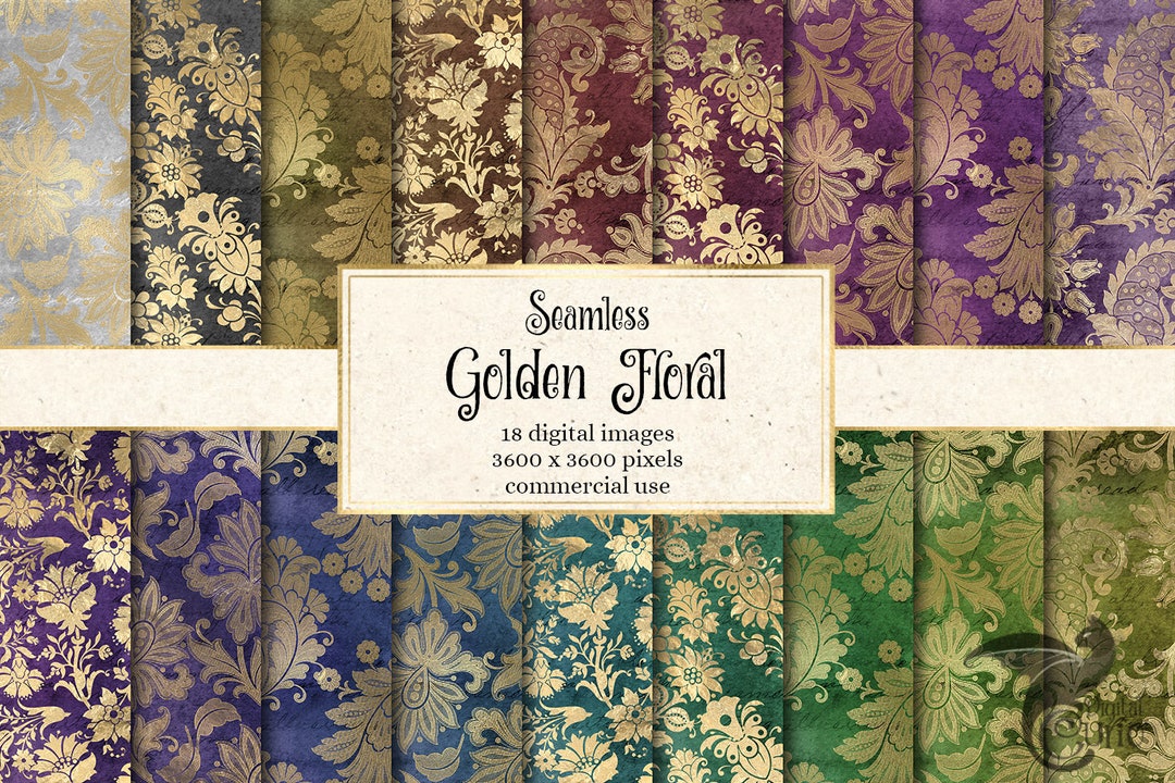 Golden Floral Digital Paper, Damask Gold Flower Patterns Seamless ...