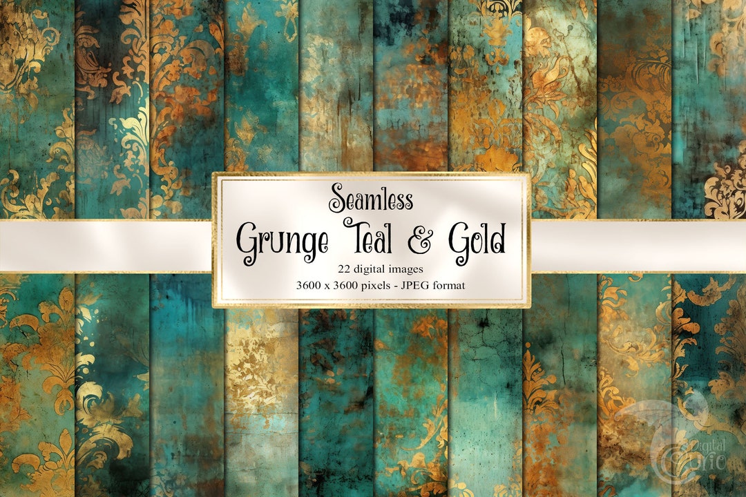Grunge Teal and Gold Digital Paper, Seamless Textures, Rustic Vintage ...