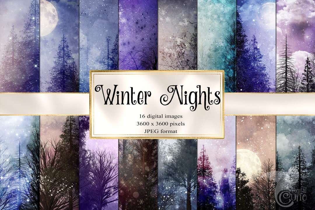Winter Nights Digital Paper - Forest Woodland Snowflake Backgrounds ...