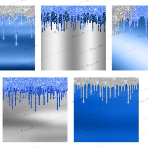 Royal Blue and Silver Dripping Glitter Digital Paper, Glitter ...