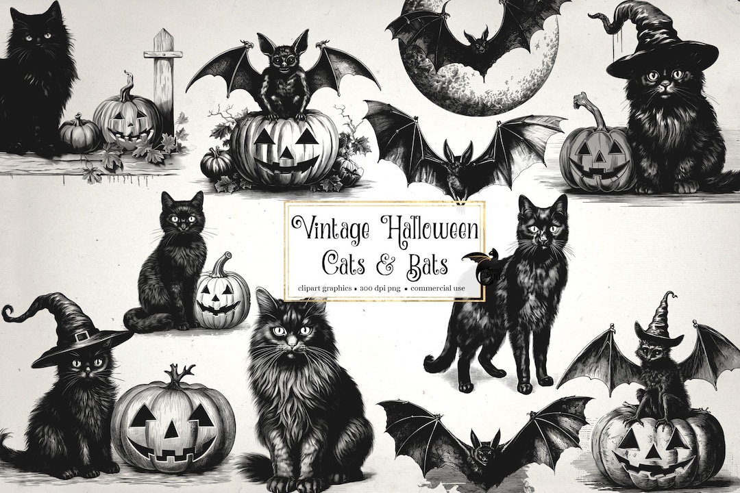Vintage Halloween Cats and Bats Clipart, Antique Halloween Clip Art ...