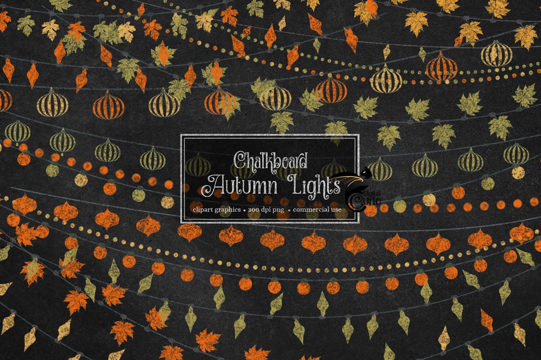Chalkboard Autumn String Lights Clipart – Fall Leaves, Pumpkin Lights ...