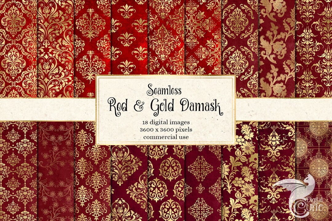 Red and Gold Damask Digital Paper, Seamless Damask Patterns Printable ...