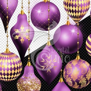 Purple and Gold Christmas Ornaments Clipart, Glitter Baubles (digital ...