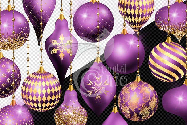 Purple and Gold Christmas Ornaments Clipart, Glitter Baubles (digital ...