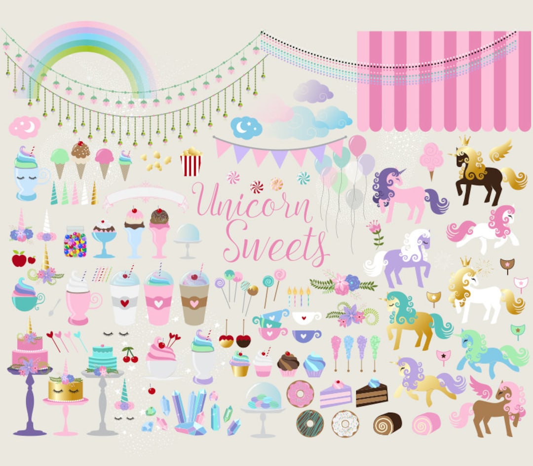Unicorn Sweets Clipart, Birthday Party Graphics (PNG, Vector) - Etsy