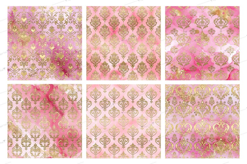 Pink and Gold Heart Damask Digital Paper - Seamless Printable Digital ...