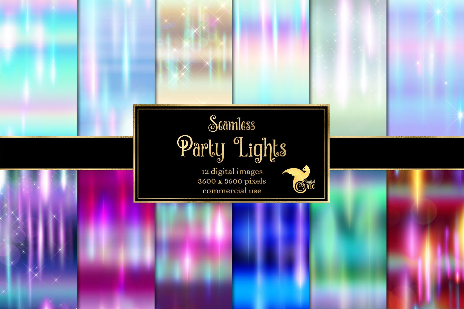 Seamless Party Lights Backgrounds, Digital Paper in Ombre Rainbow ...