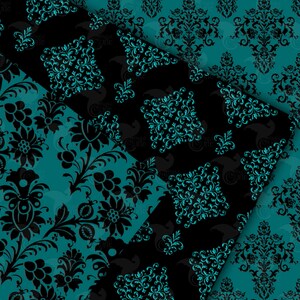 Teal and Black Damask Digital Paper, Gothic Digital Paper, Seamless ...