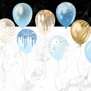 Blue and Gold Balloons Clipart, Glitter and Foil Confetti Party Clipart ...
