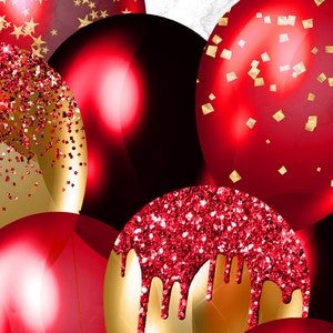 Red and Gold Balloons Clipart, Glitter Confetti Overlays (PNG Digital ...