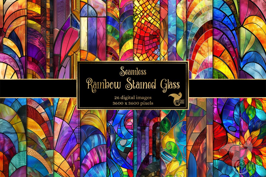Rainbow Stained Glass Digital Paper, Seamless Printable Textures ...