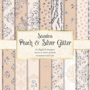 Peach and Silver Glitter Digital Paper, Seamless Royal Baby Shower ...