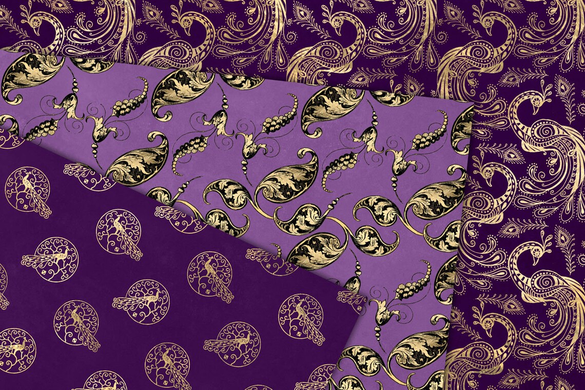 Purple and Gold Peacock Digital Paper Seamless Gold Peacock - Etsy