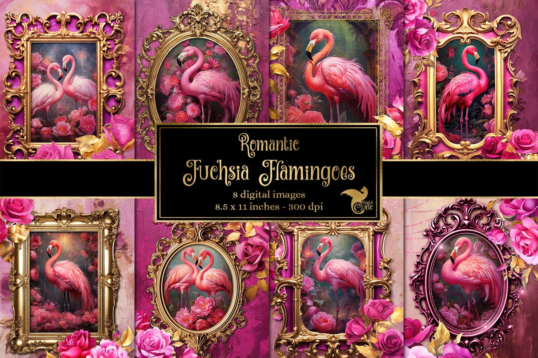Romantic Fuchsia Flamingo Journal Paper, Notebook Digital Paper Rococo ...