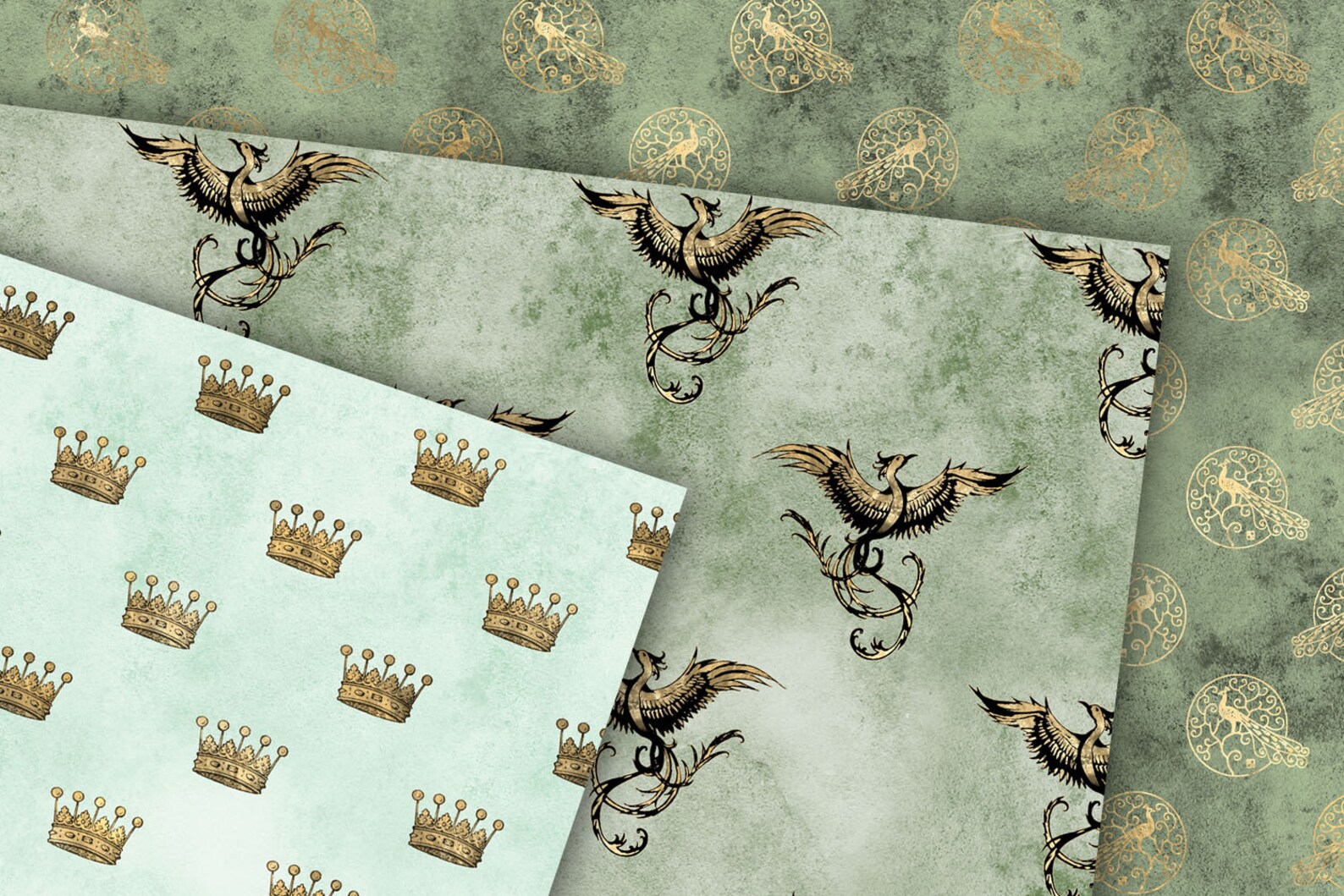 Sage and Gold Peacock Digital Paper, Seamless Foil Patterns (digital ...