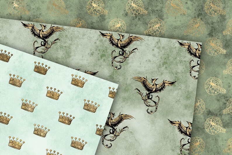 Sage and Gold Peacock Digital Paper Seamless Gold Foil - Etsy