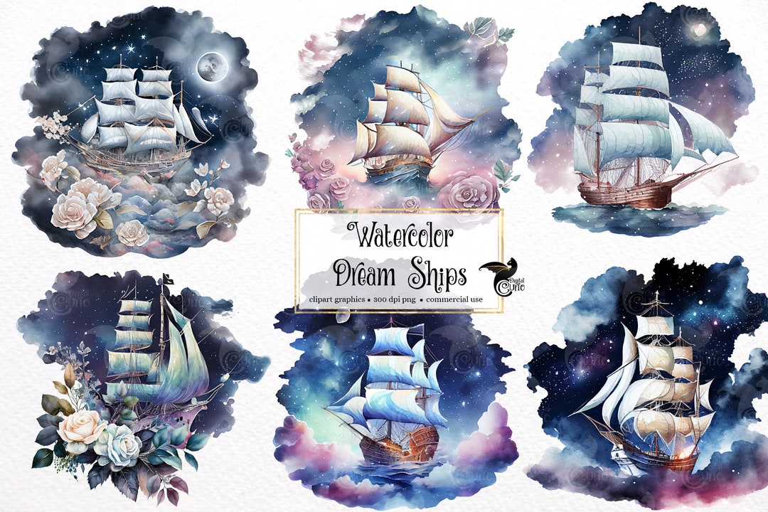Watercolor Dream Ships Clipart - Fantasy Magic Galaxy Watercolor PNG ...