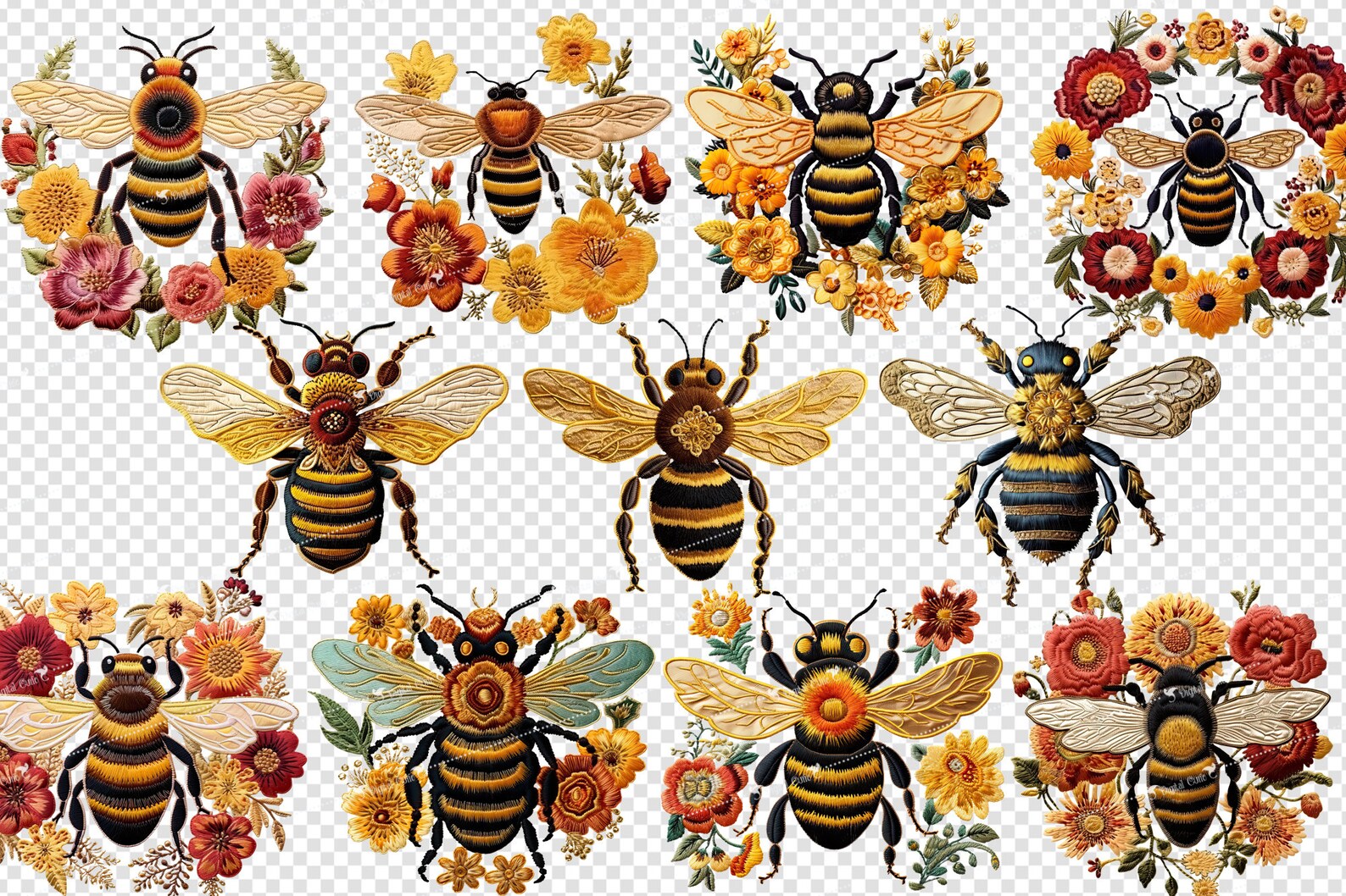 Embroidered Honey Bee Clipart Autumn Cute Bees and Flowers PNG Format ...