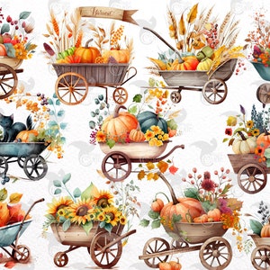 Watercolor Fall Wheelbarrows Clipart - Autumn Rustic Pumpkin and ...