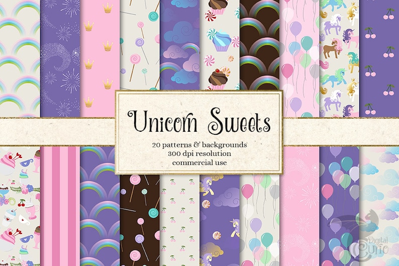 Unicorn Sweets Digital Paper, Party Seamless Patterns (12x12", 300 Dpi ...