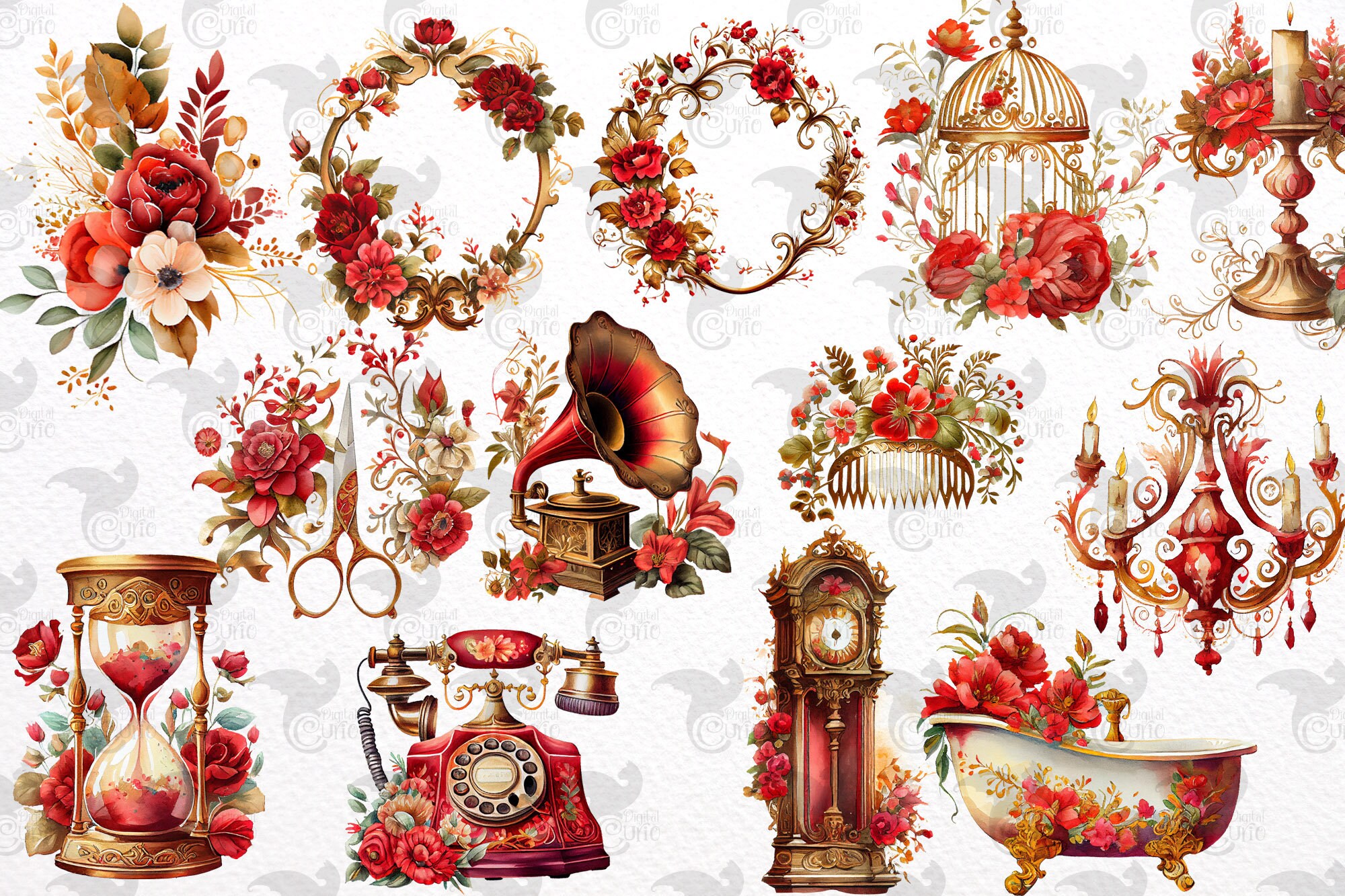Watercolor Red Antique Clipart - Vintage Shabby PNG Format Instant ...