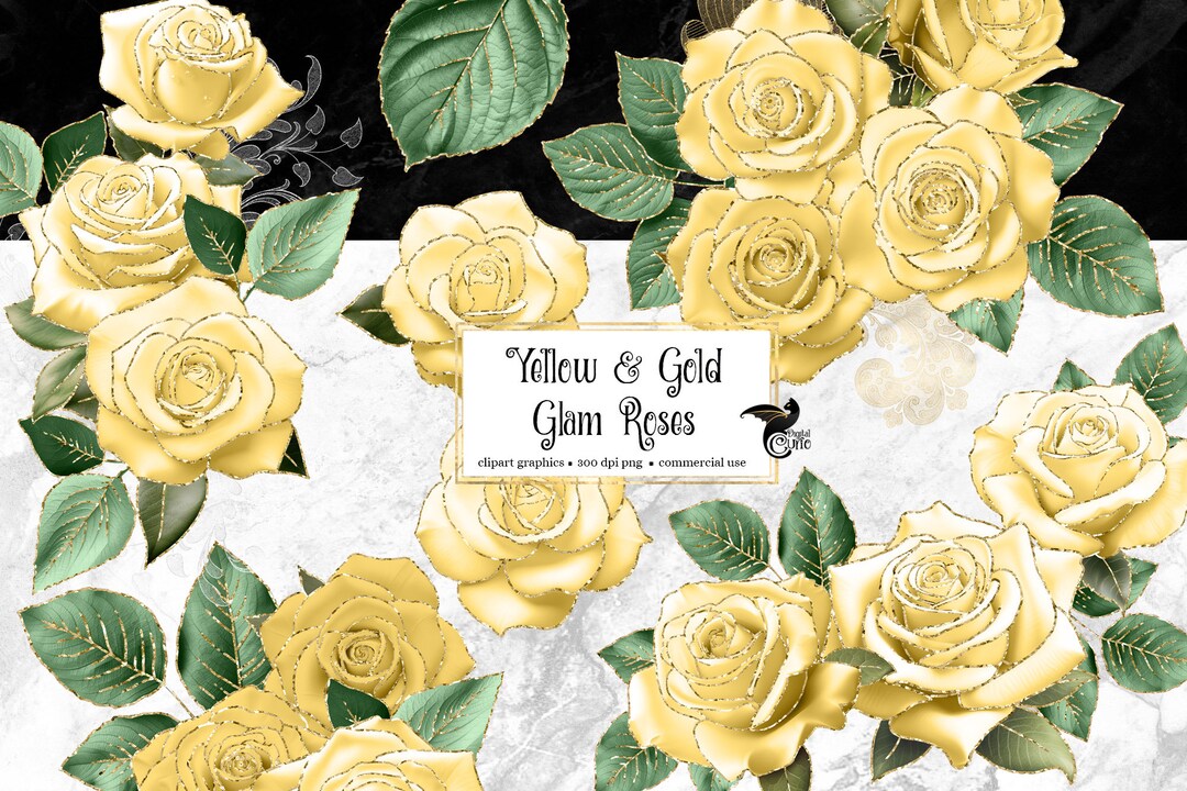 Yellow Gold Rose Clip Art, Glitter Flower Embellishments (digital ...