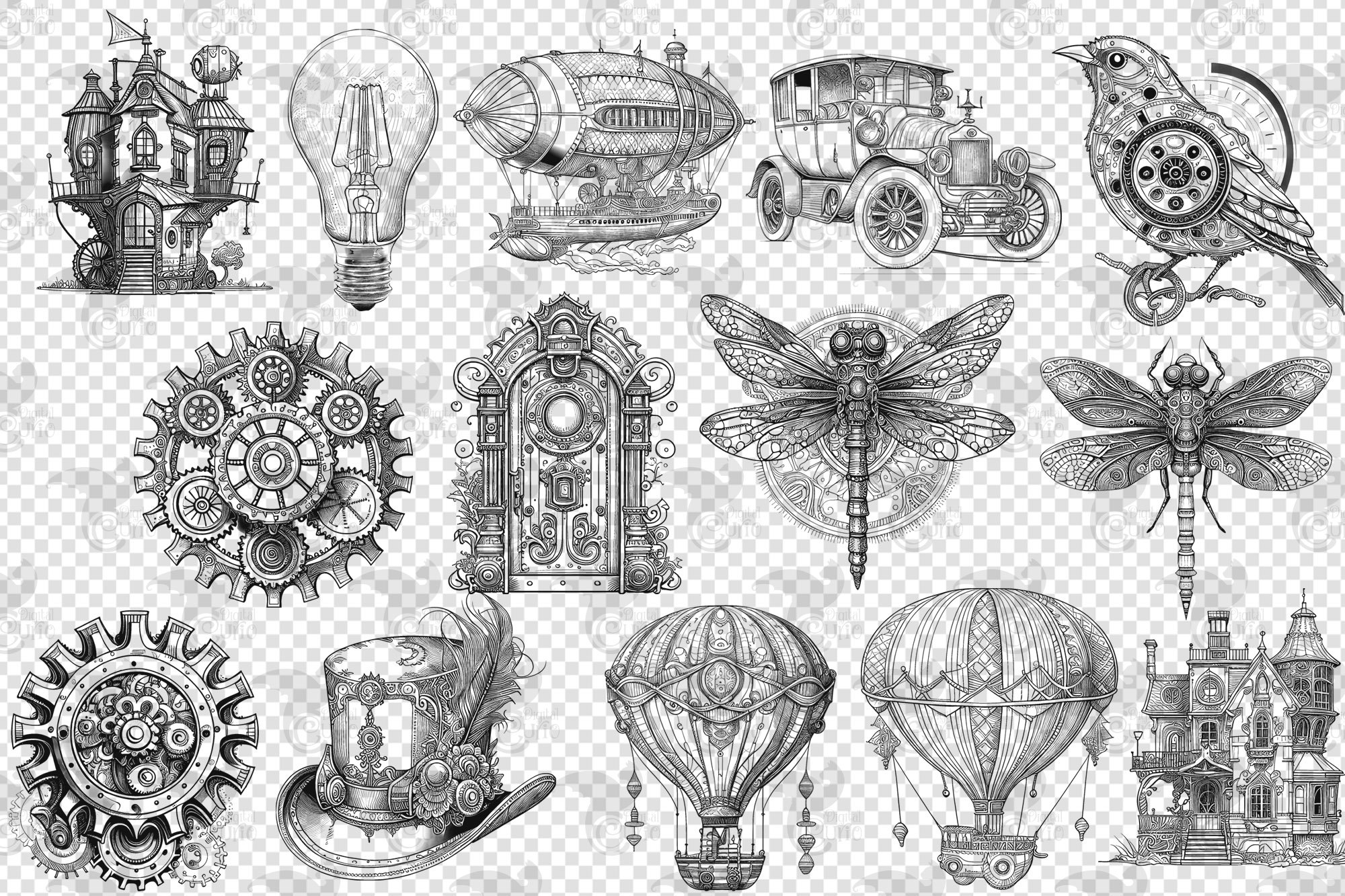 Steampunk Line Art Clipart Fantasy Clip Art Graphics and - Etsy Ireland