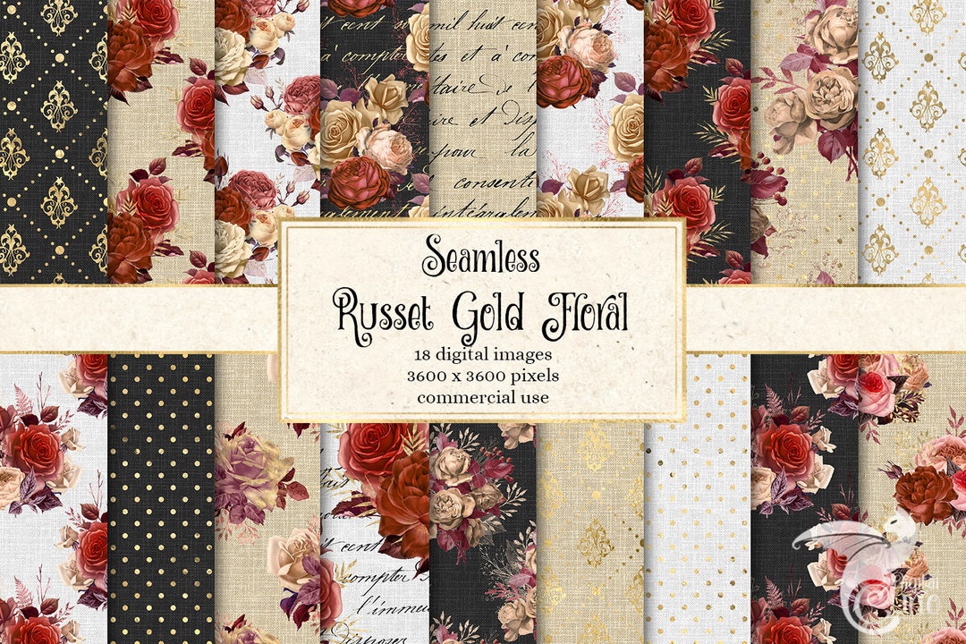 Russet Gold Floral Digital Paper, Seamless Rustic Autumn Floral ...