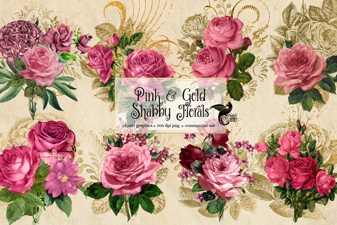 Pink and Gold Rose Clip Art, Shabby Floral Embellishments (digital ...