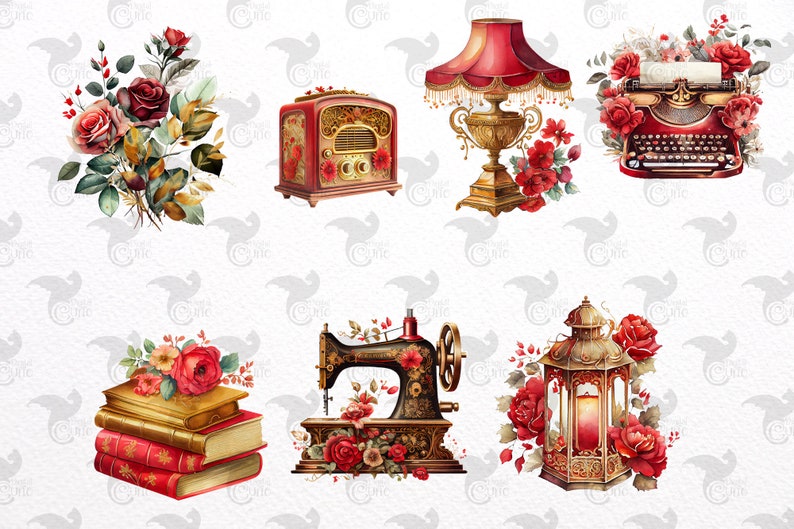 Watercolor Red Antique Clipart Vintage Shabby PNG Format - Etsy