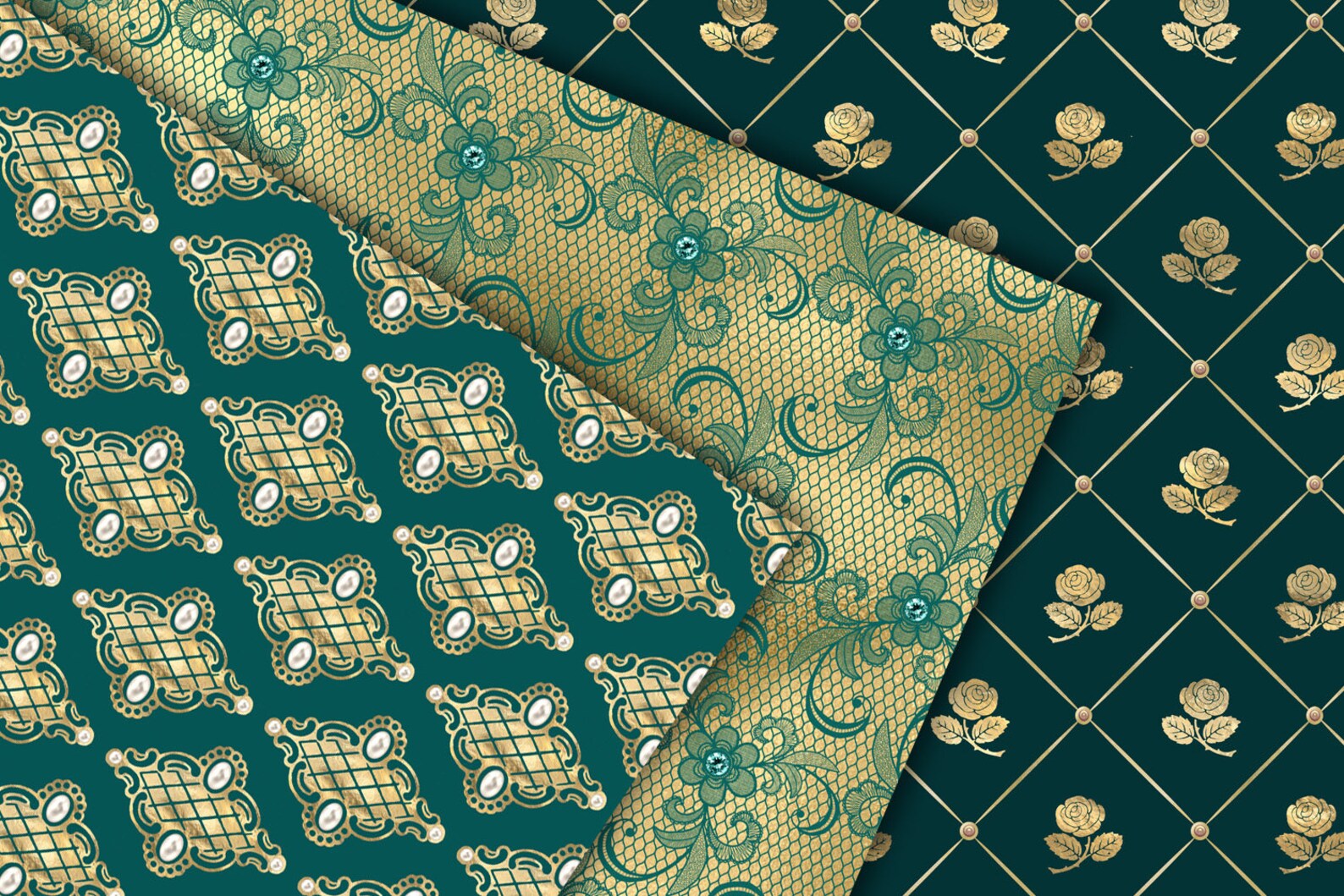 Victorian Teal and Gold Digital Paper, Seamless Damask Patterns ...