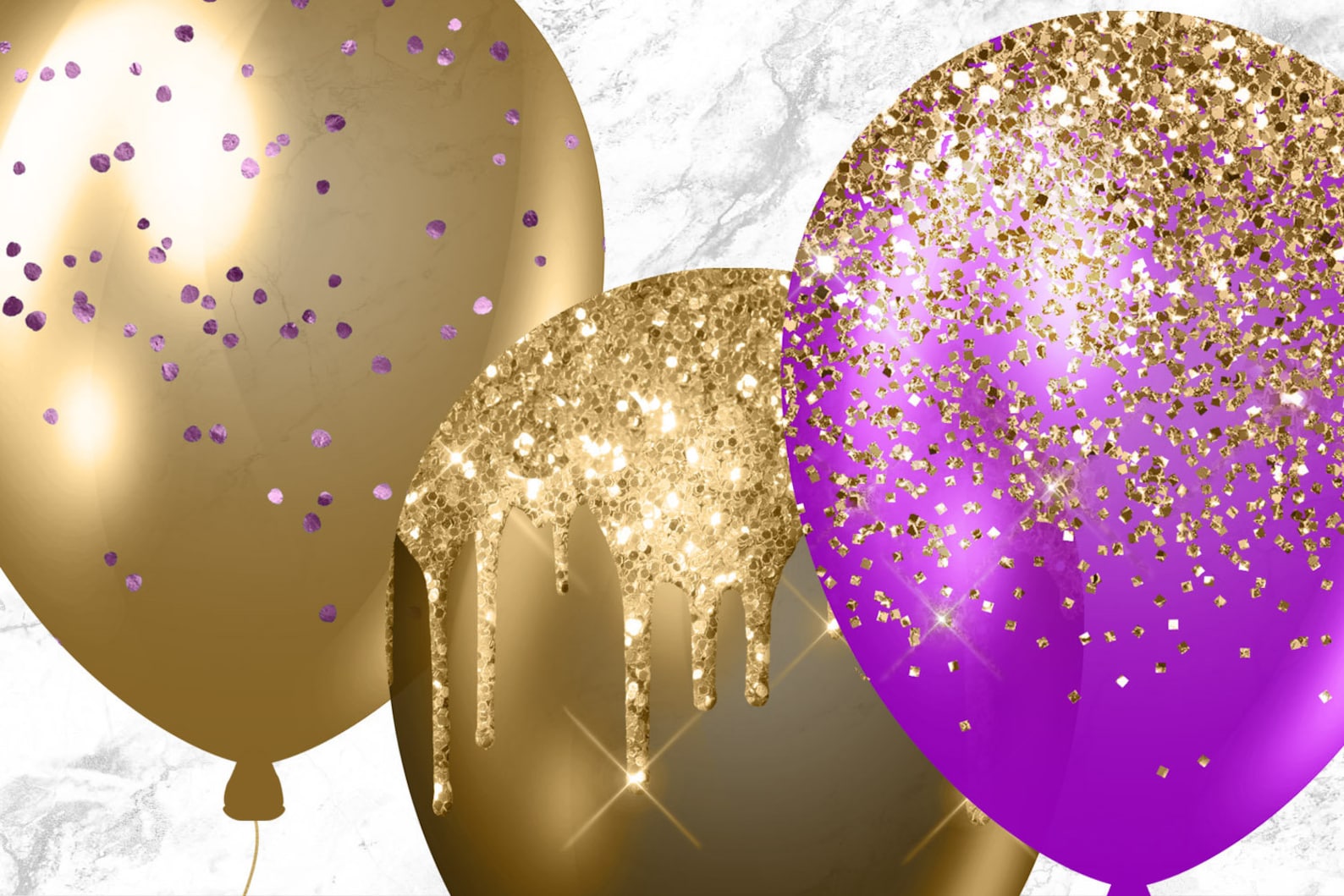 Purple and Gold Glitter Balloons Clipart, PNG Overlays (digital ...