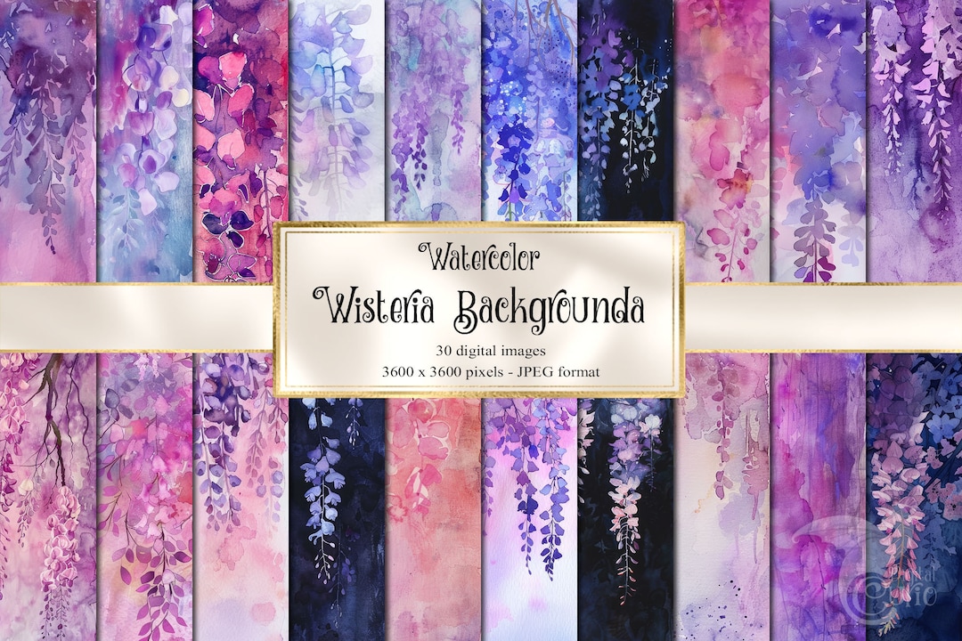 Watercolor Wisteria Backgrounds, Watercolour Wash Digital Paper, Floral ...