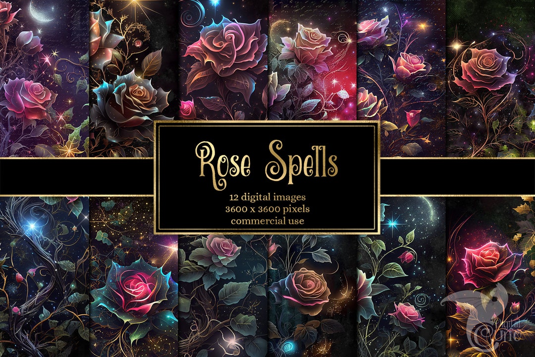 Rose Spells Digital Paper - Dark Galaxy Magic Floral Grunge Textures ...