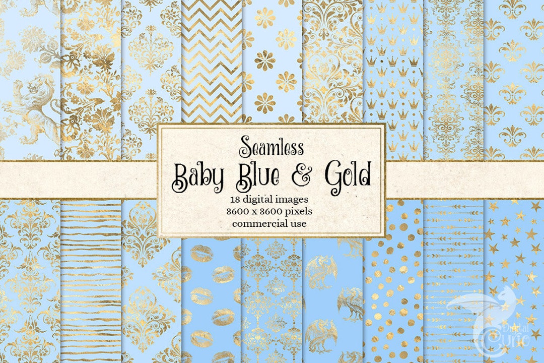 Baby Blue and Gold Digital Paper, Seamless Gold and Blue Patterns, Foil ...