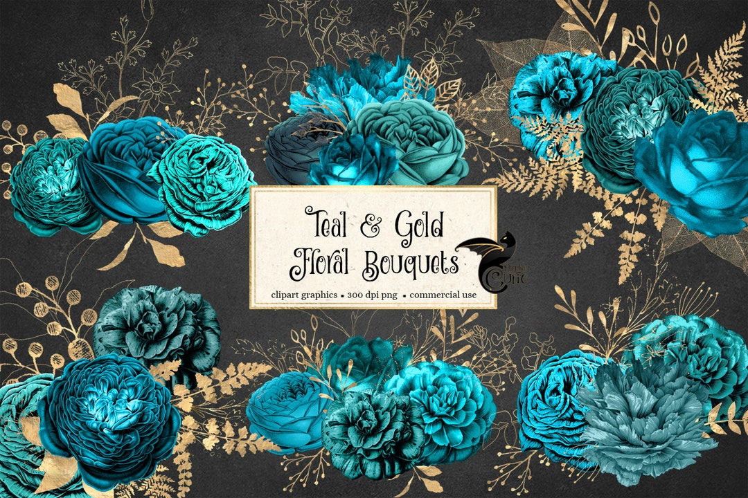 Teal and Gold Floral Bouquets Clipart, Digital Instant Download ...