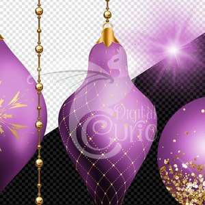 Purple and Gold Christmas Ornaments Clipart, Digital Glitter Christmas ...