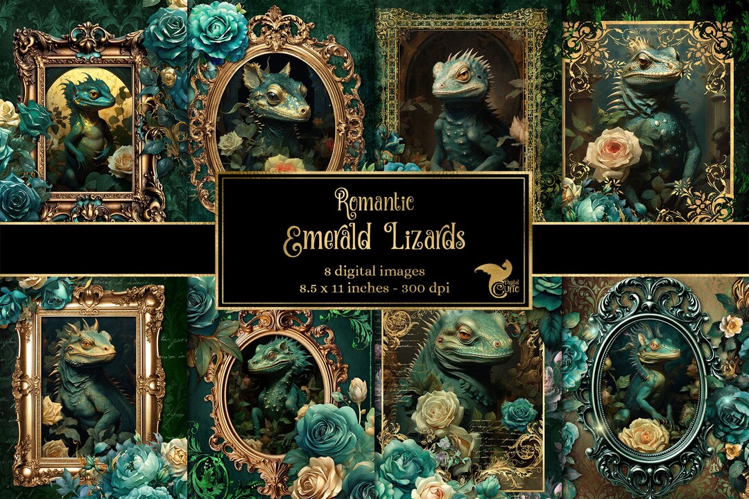 Romantic Emerald Lizards Journal Paper, Notebook Digital Paper Rococo ...