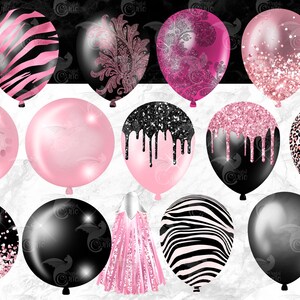 Pink and Black Balloons Clipart - Digital Clip Art Graphics for Party ...