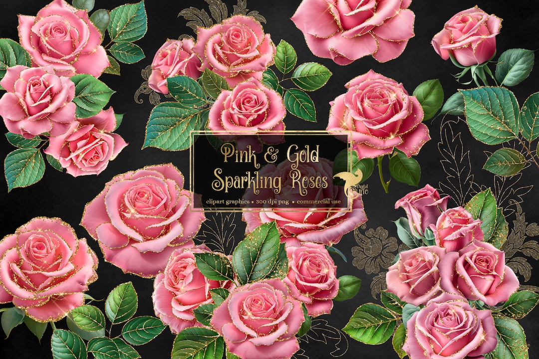 Pink and Gold Sparkling Roses Clip Art, Digital Instant Download ...