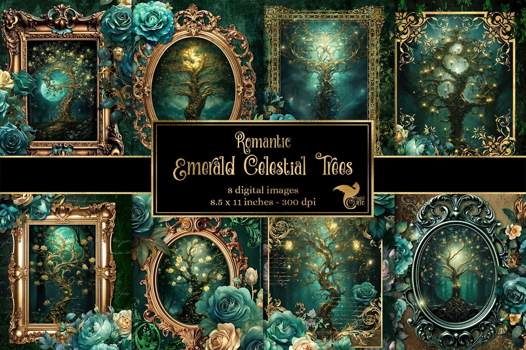 Romantic Emerald Celestial Trees Journal Paper, Notebook Digital Paper Rococo Fantasy Junk ...