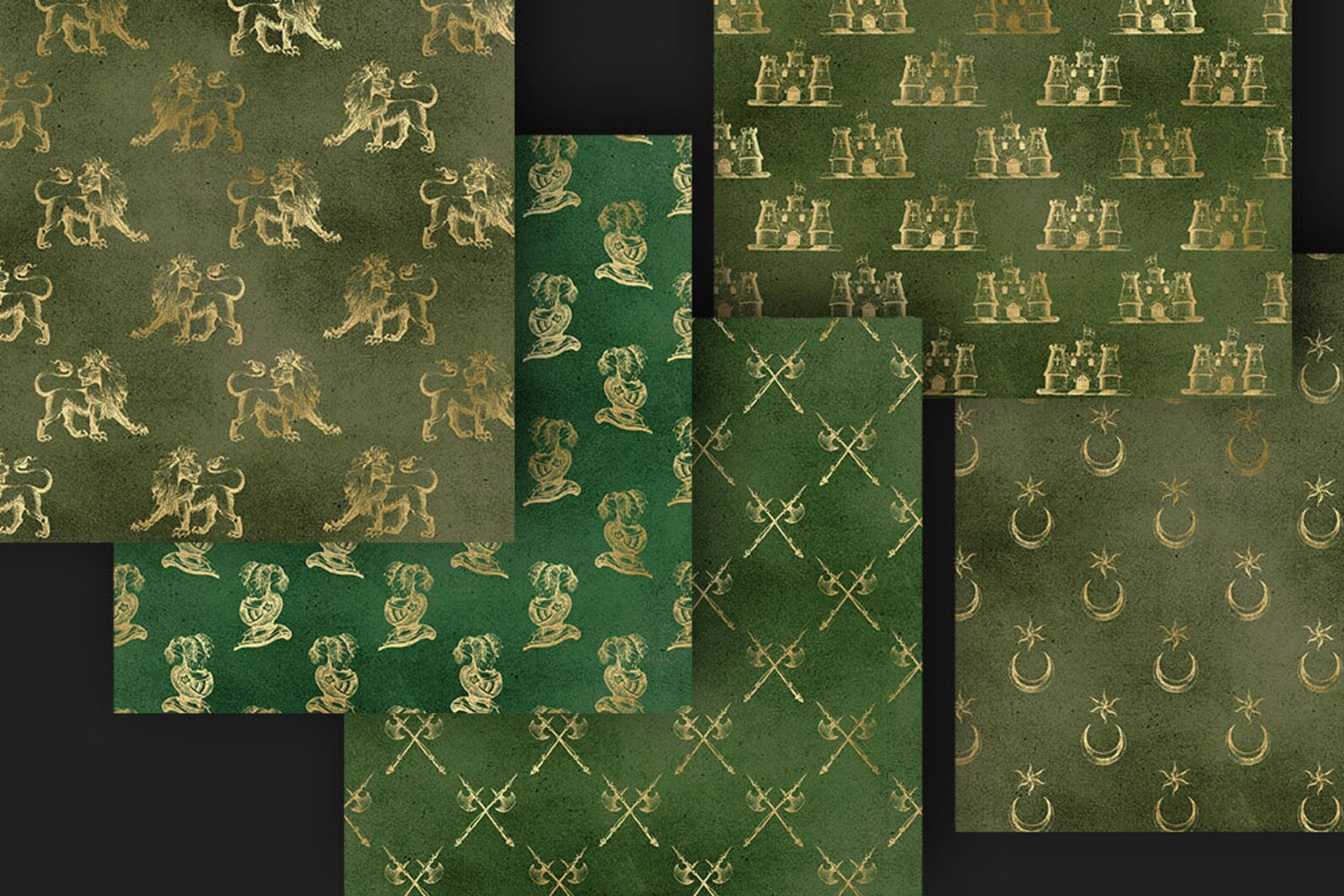 Heraldic Green and Gold Digital Paper, Medieval Seamless Patterns ...