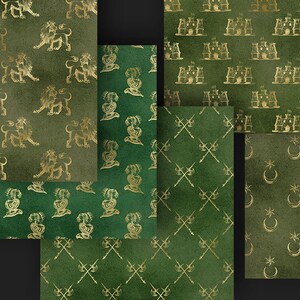 Heraldic Green and Gold Digital Paper, Seamless Patterns, Medieval ...